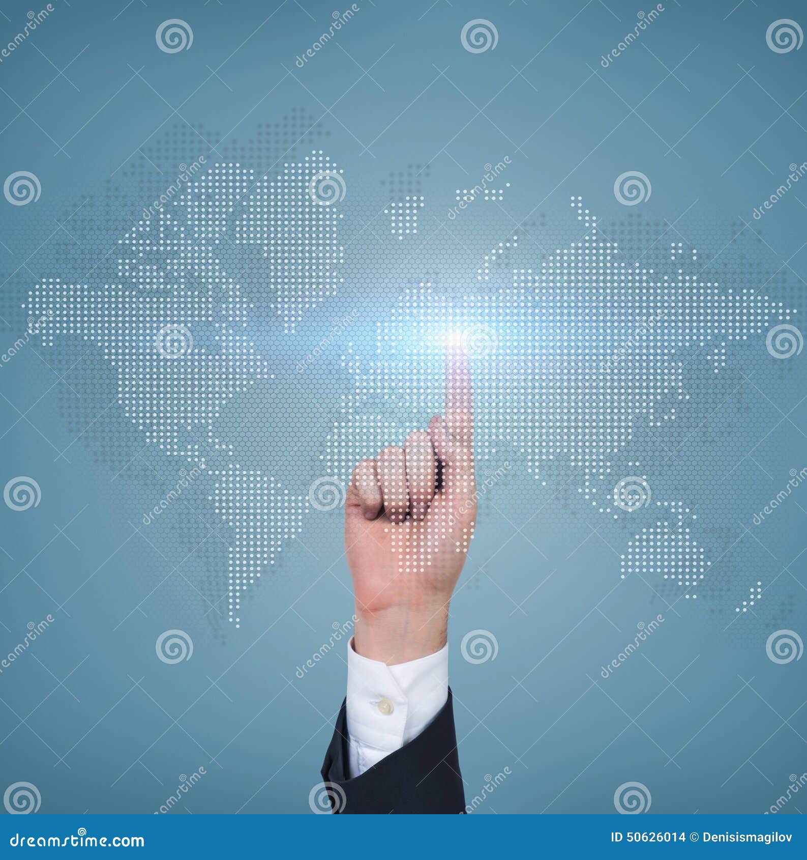 Mano Che Spinge La Mappa Di Mondo Virtuale Fotografia Stock - Immagine ...