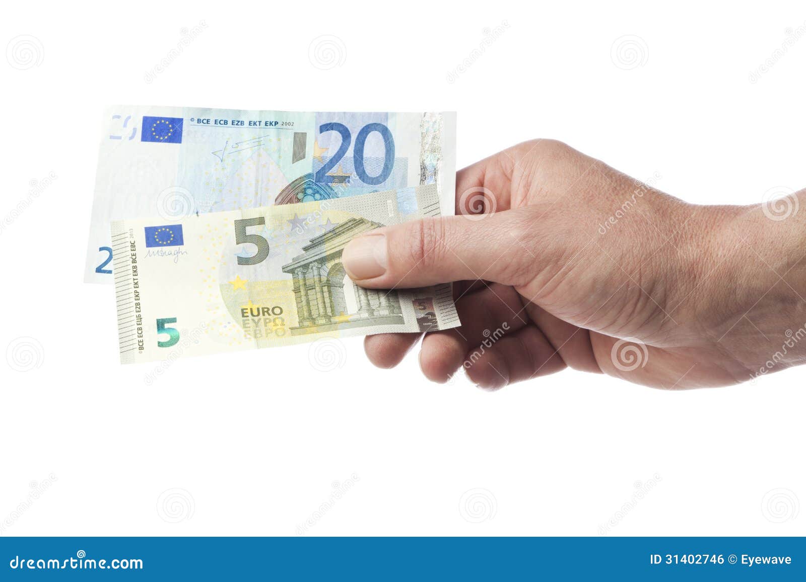 Mano che tiene 25 euro fotografia stock. Immagine di bianco - 31402746