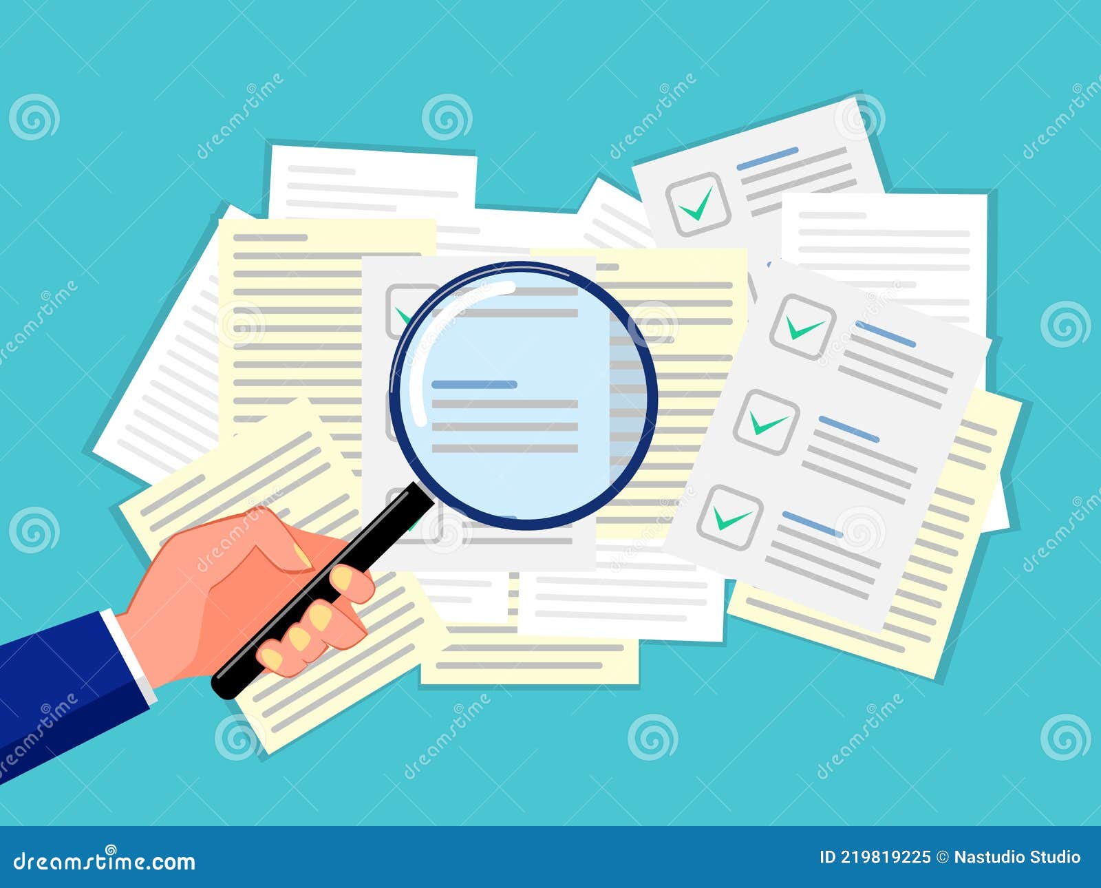 Mano Con Lupa Para Buscar Documentos Importantes Ilustración del Vector ...