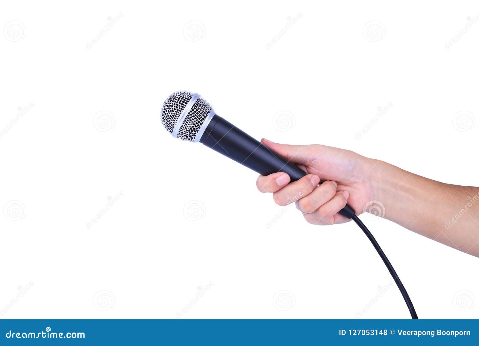 Mano Con Un Microfono Isolato Su Fondo Bianco Fotografia Stock ...