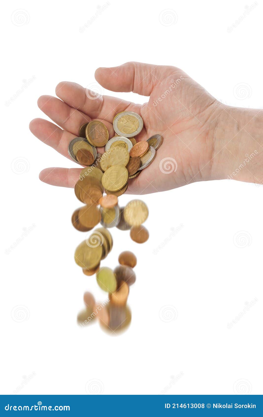 Mano y monedas que caen foto de archivo. Imagen de monedas - 214613008