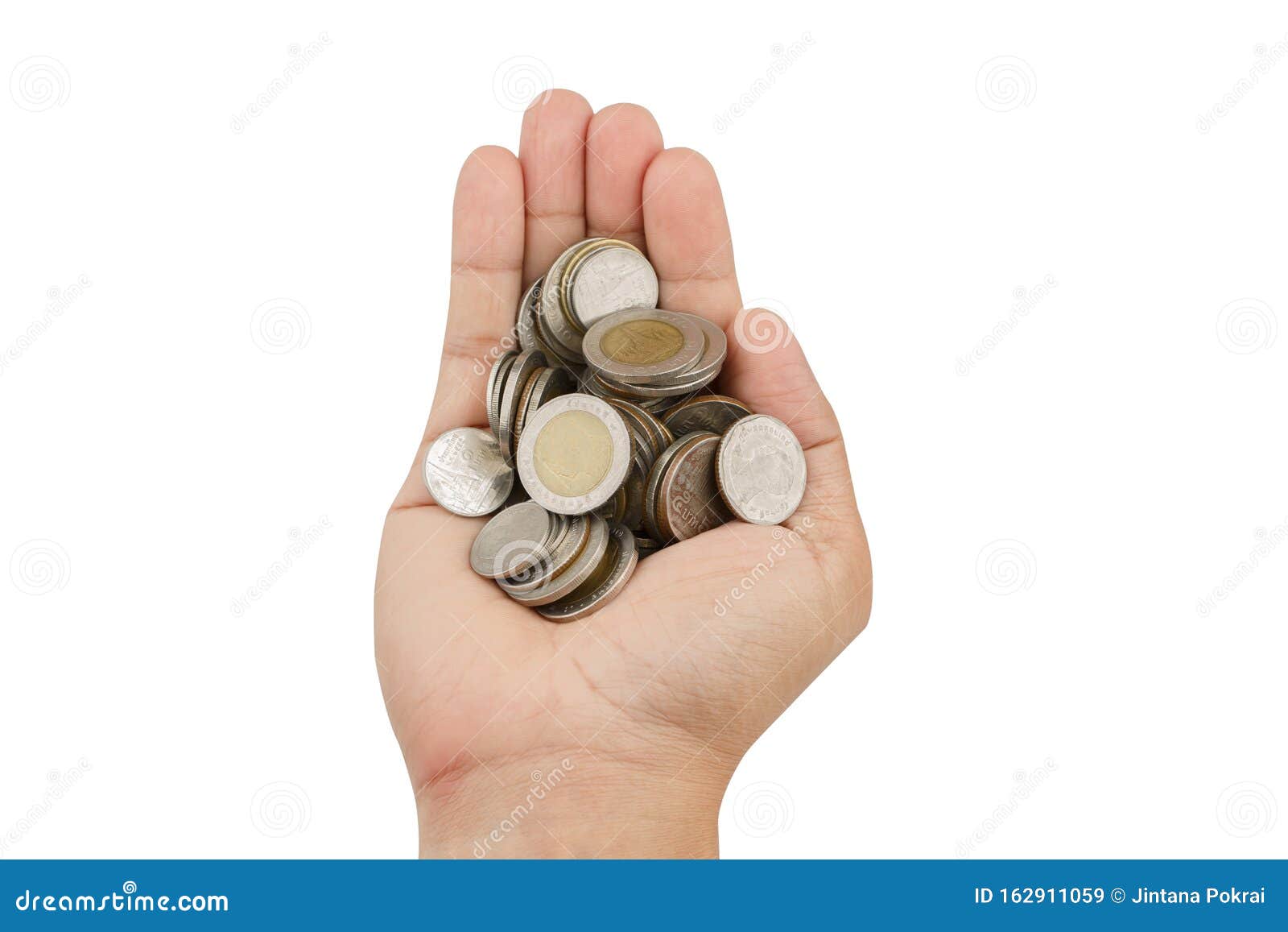 Manos Con Muchas Monedas Aisladas De Fondo Blanco Imagen de archivo ...