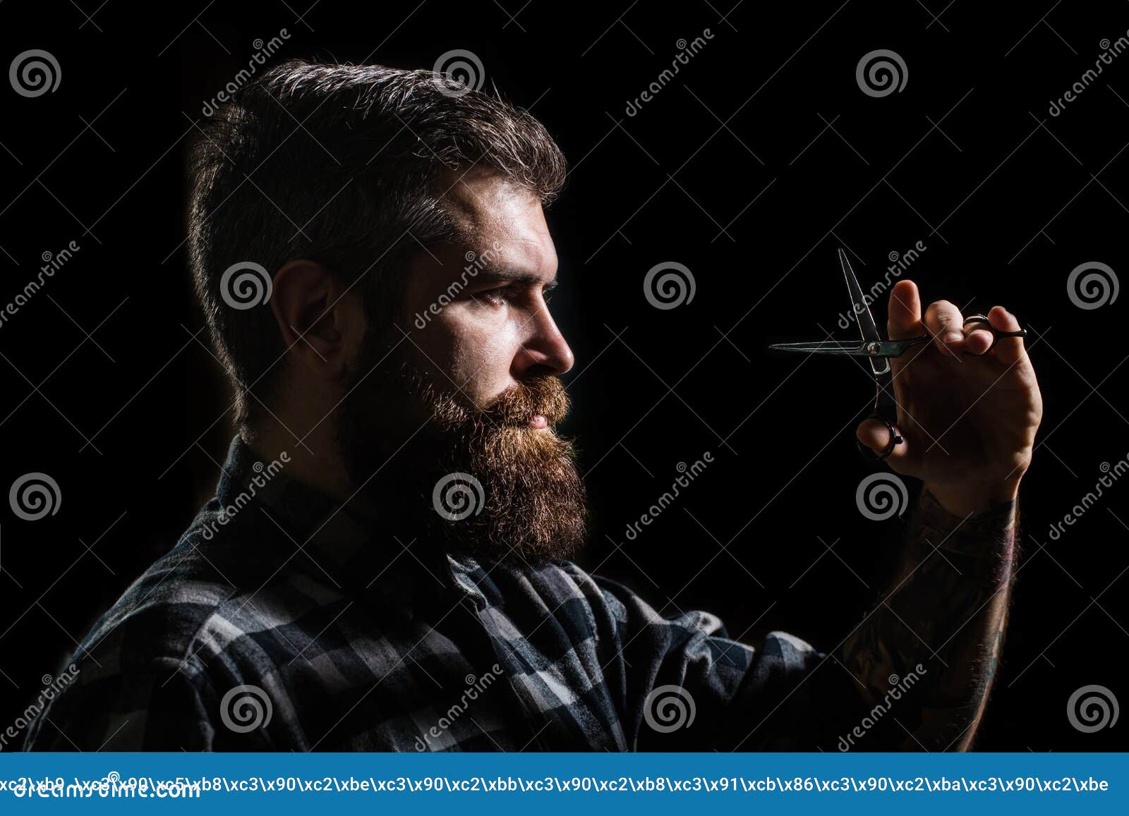 Mans Haircut in Barber Shop. Profile of Stylish Beard Man, Scissors ... Mans Haircut in Barber Shop. Profile of Stylish Beard Man, Scissors ...