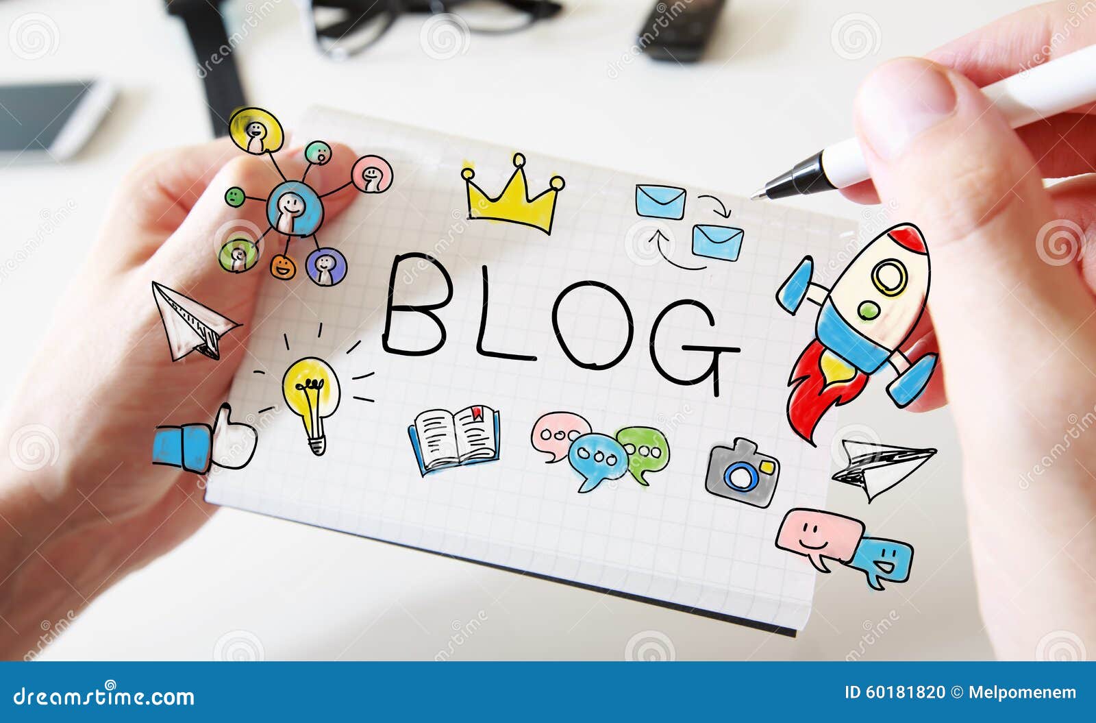 Mans Hand Drawing Blog Concept on Notebook Stock Photo - Image of post ...