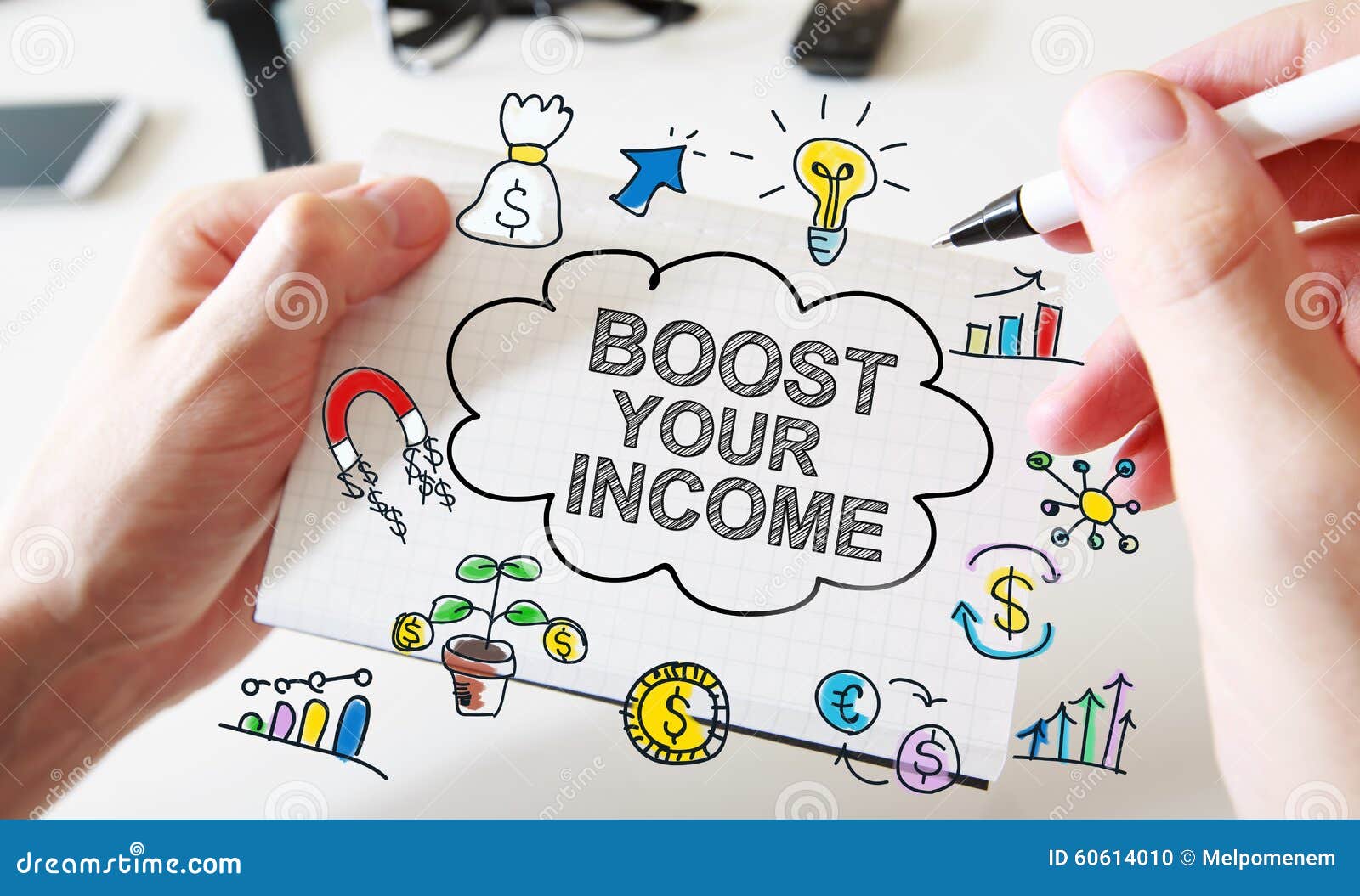 Mans Hand Drawing Boost Your Income Concept on Notebook Stock Photo ...