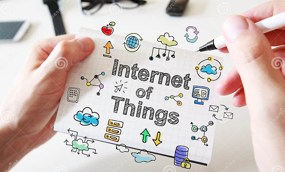 Mans Hand Drawing Internet of Things Concept on Notebook Stock Image ...