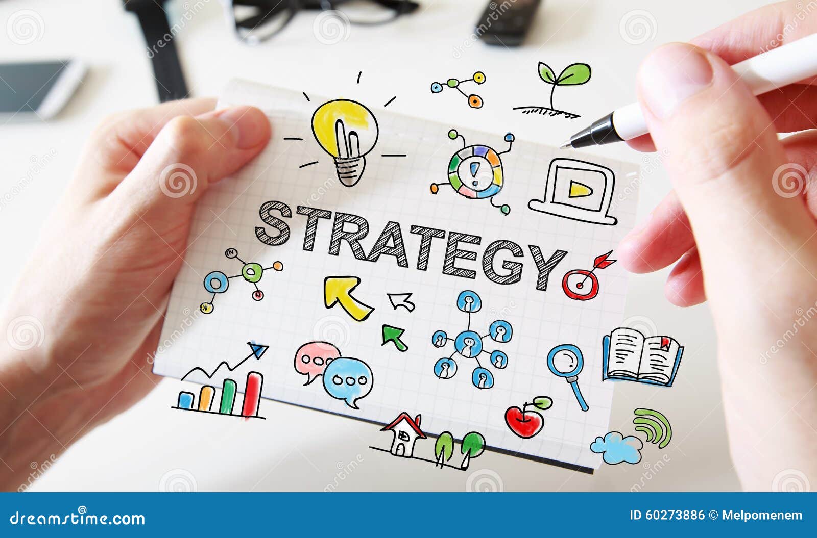 Mans Hand Drawing Strategy Concept on Notebook Stock Photo - Image of ...