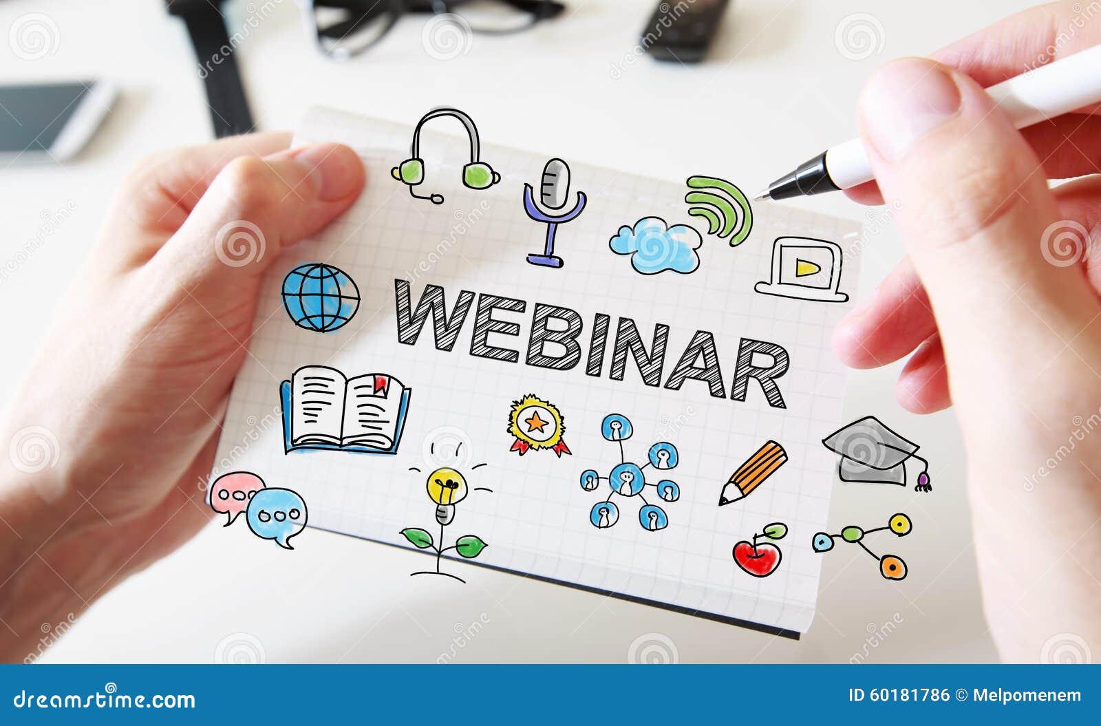 Mans Hand Drawing Webinar Concept on Notebook Stock Photo - Image of ...