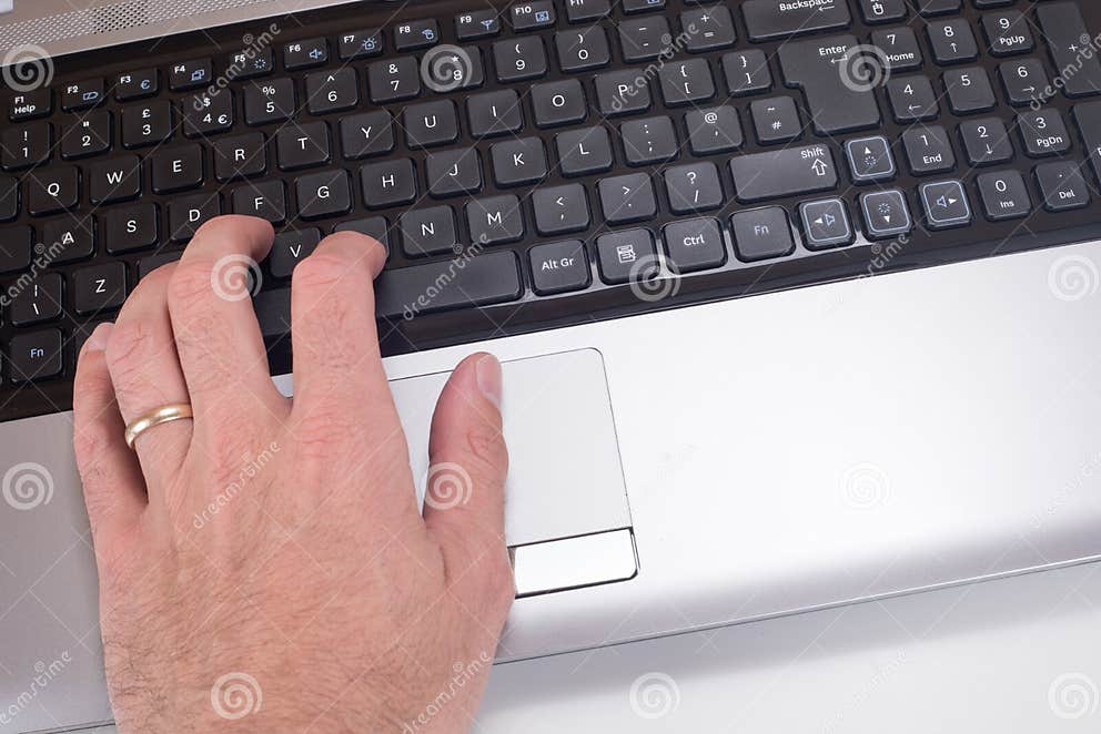 Mans Hand with Ring Typing on Laptop Keyboard Stock Photo - Image of ...