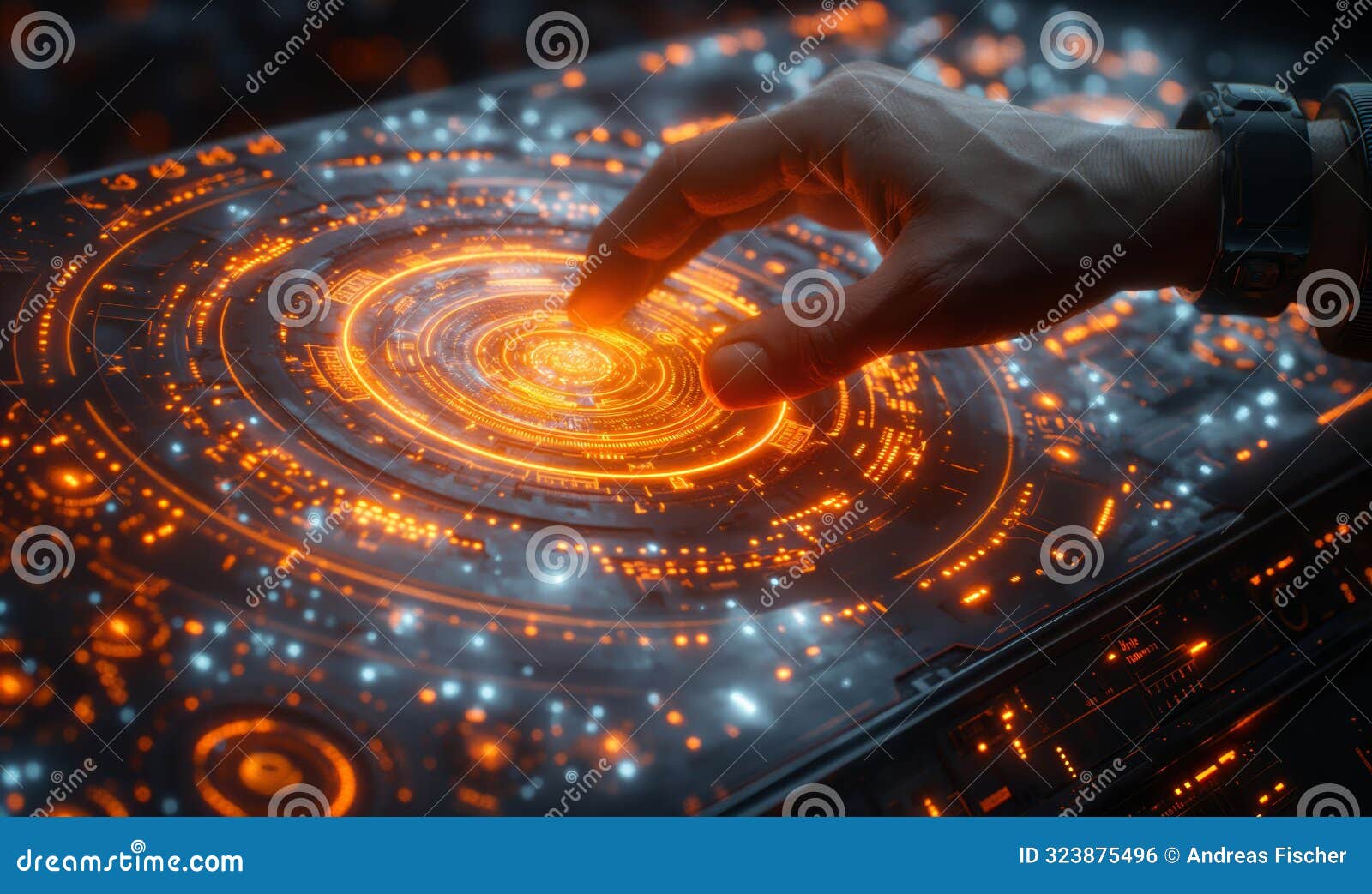 Mans Hand Touching Futuristic Computer Screen Stock Photo - Image of ...