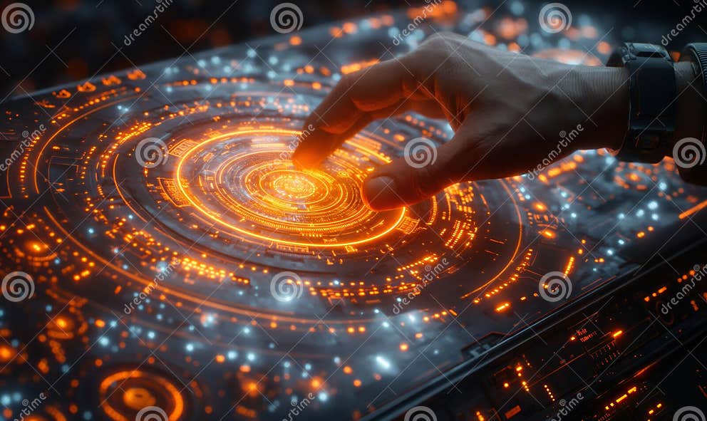 Mans Hand Touching Futuristic Computer Screen Stock Photo - Image of ...