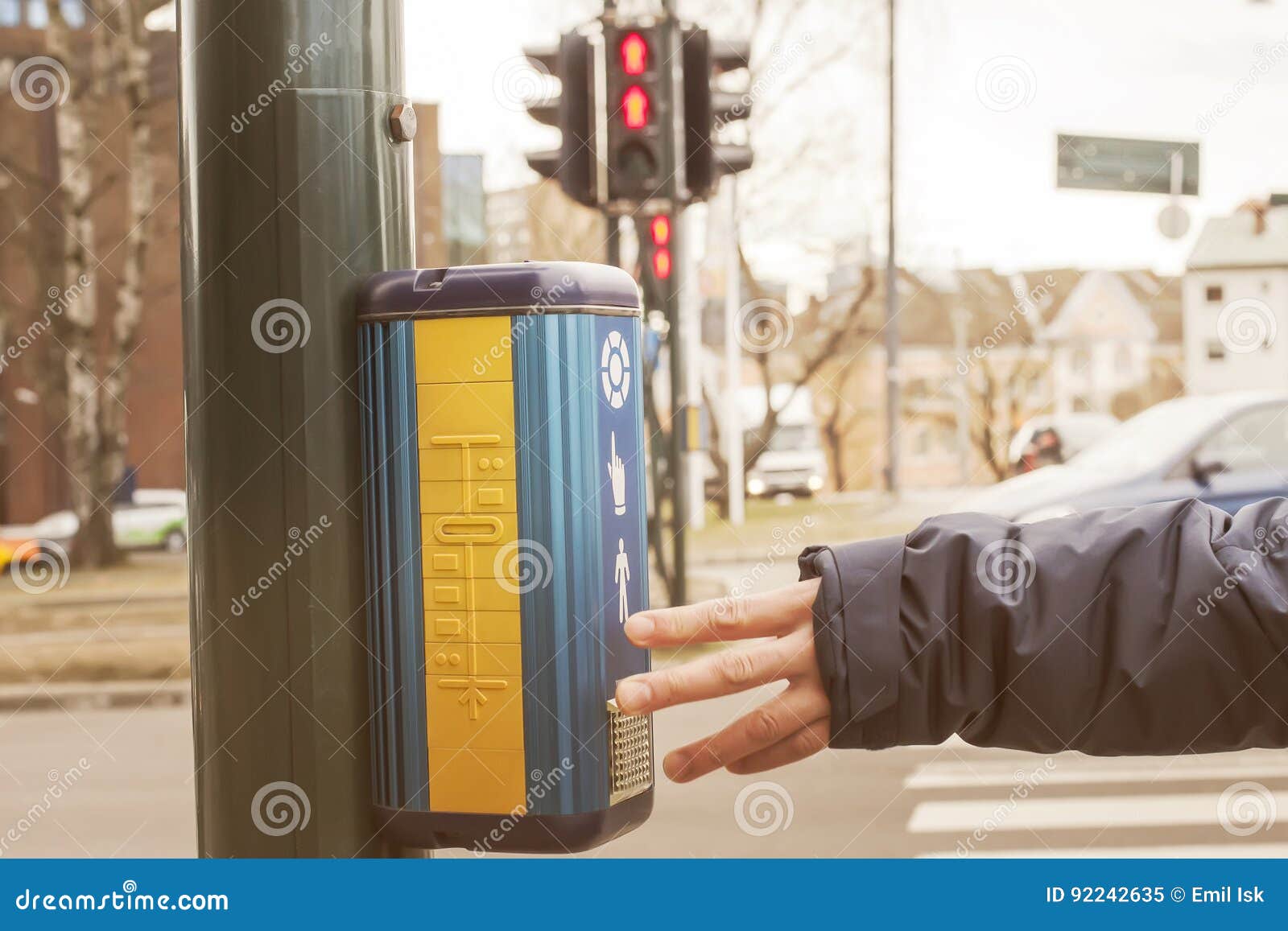 A Mans Hand Touching Traffic Lights Touch Button Stock Image - Image of ...