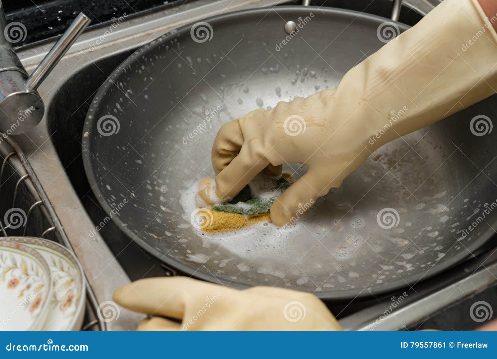 Mans Hands Washing a Pan in the Kitchen Sink with Sponge Stock Image ...