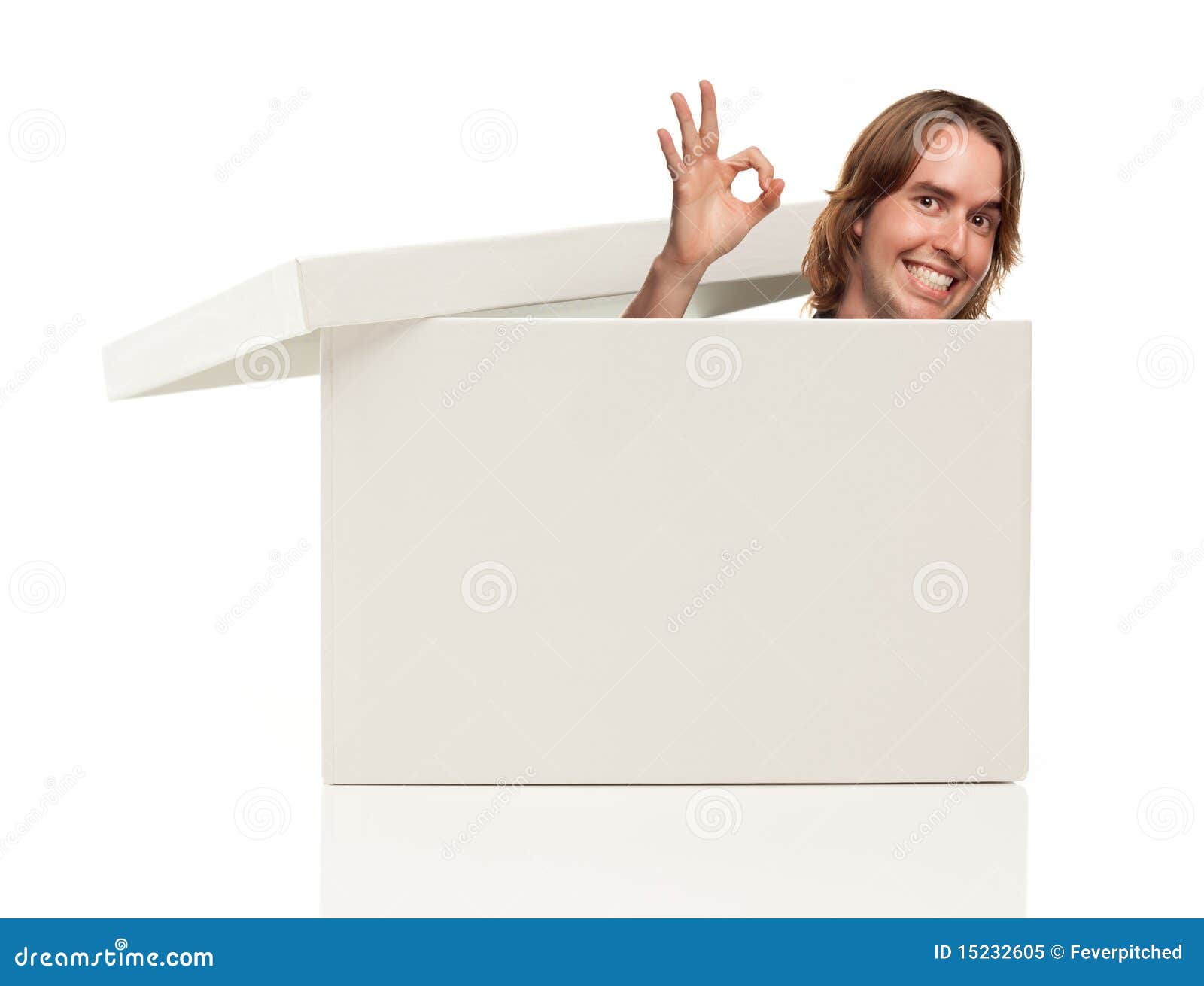 Mans Head and Okay Sign Pops from Blank White Box Stock Image - Image ...
