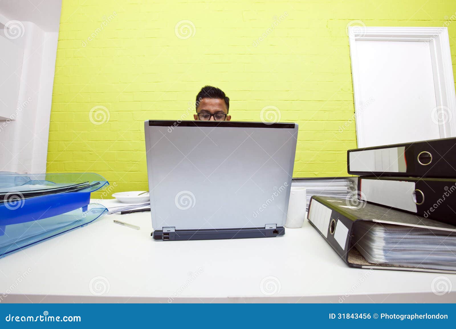 Mans Head Poking Out Over Top of Laptop Stock Photo - Image of indoors ...