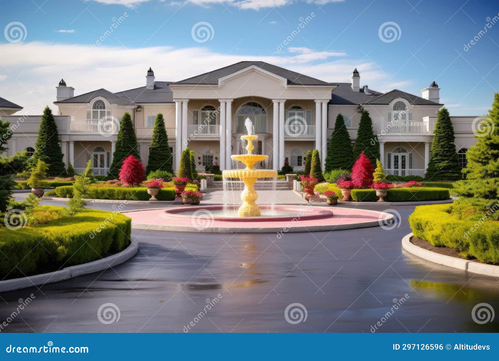 Mansion with Large Driveway and Fountain in Front Stock Photo - Image ...