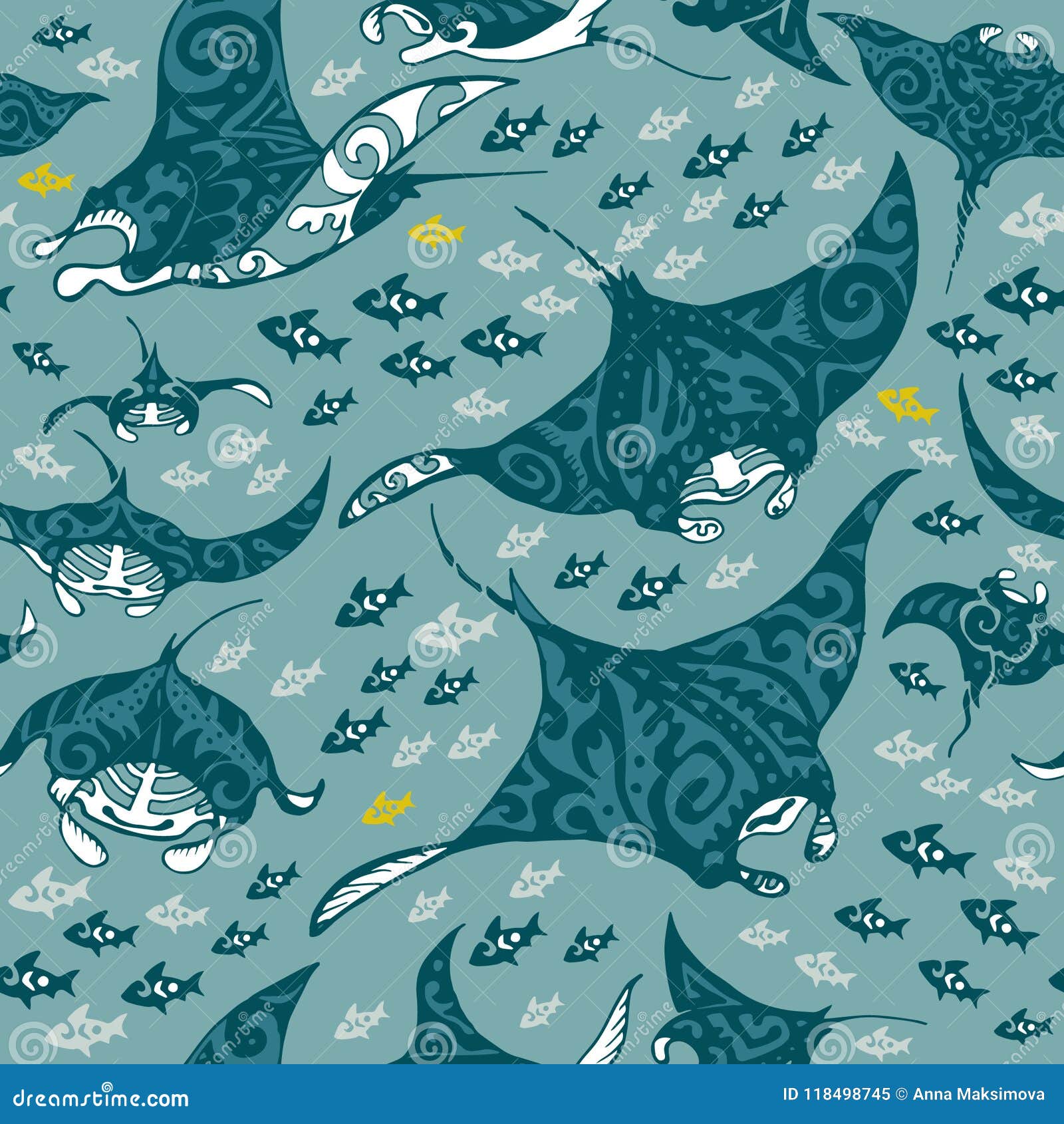 Manta Ray and Fish Seamless Stock Vector - Illustration of ocean ...