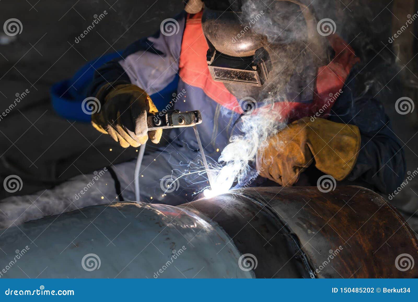 Manual Arc Welding of Large Diameter Pipeline Elements Stock Photo ...