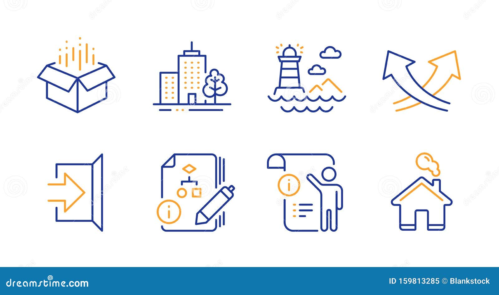 Manual Doc, Lighthouse and Open Box Icons Set. Skyscraper Buildings, Intersection Arrows and ...
