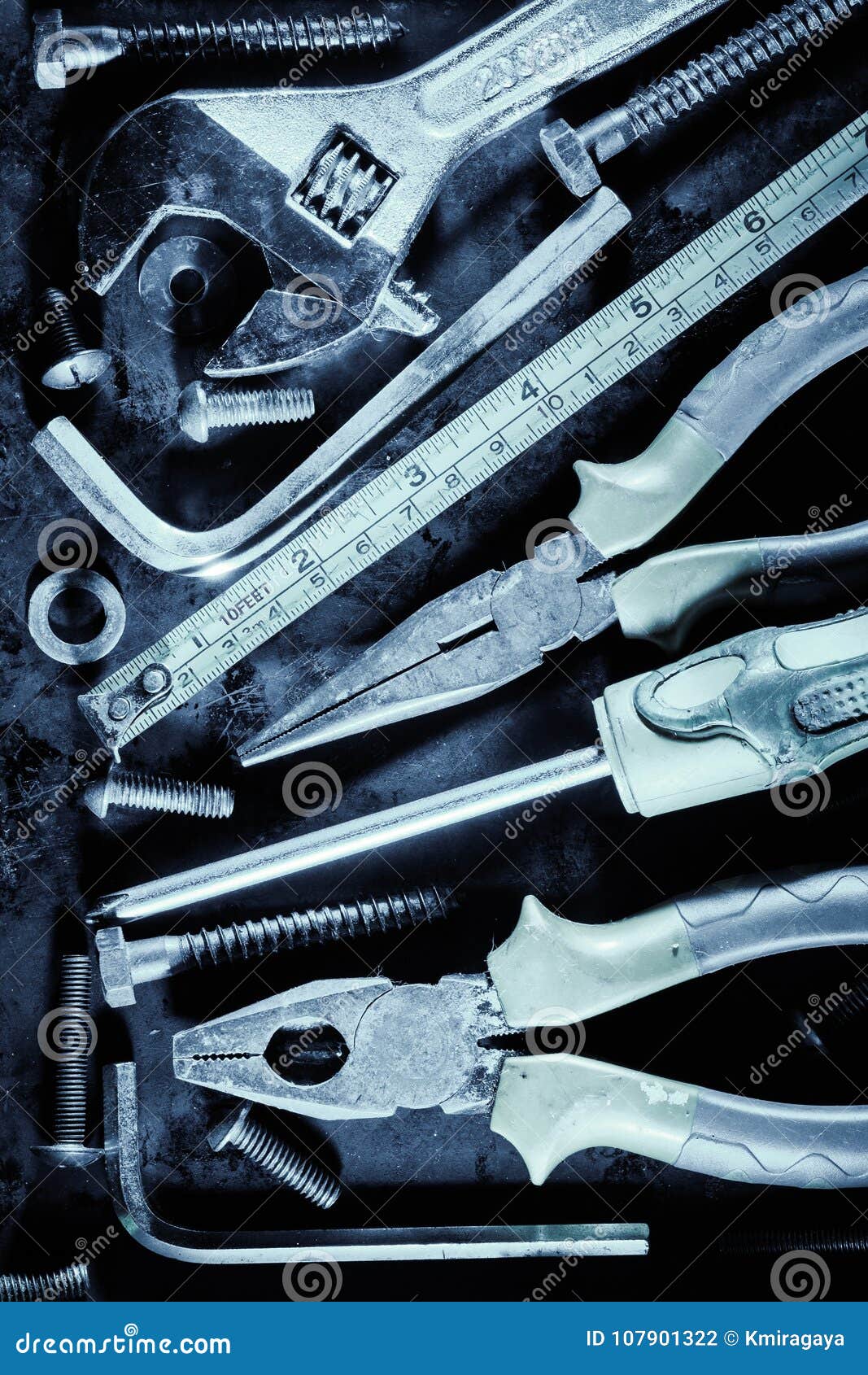 Manual Tools And Screws With A Metallic Blue Color Stock Photography ...