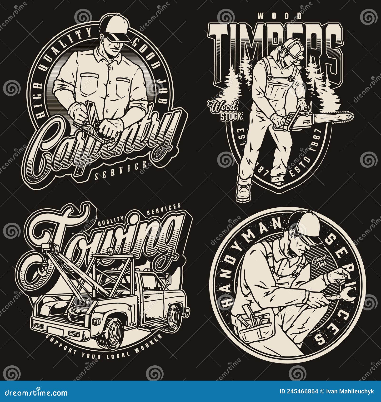 Manual Work Black and White Emblems Set Stock Vector - Illustration of ...