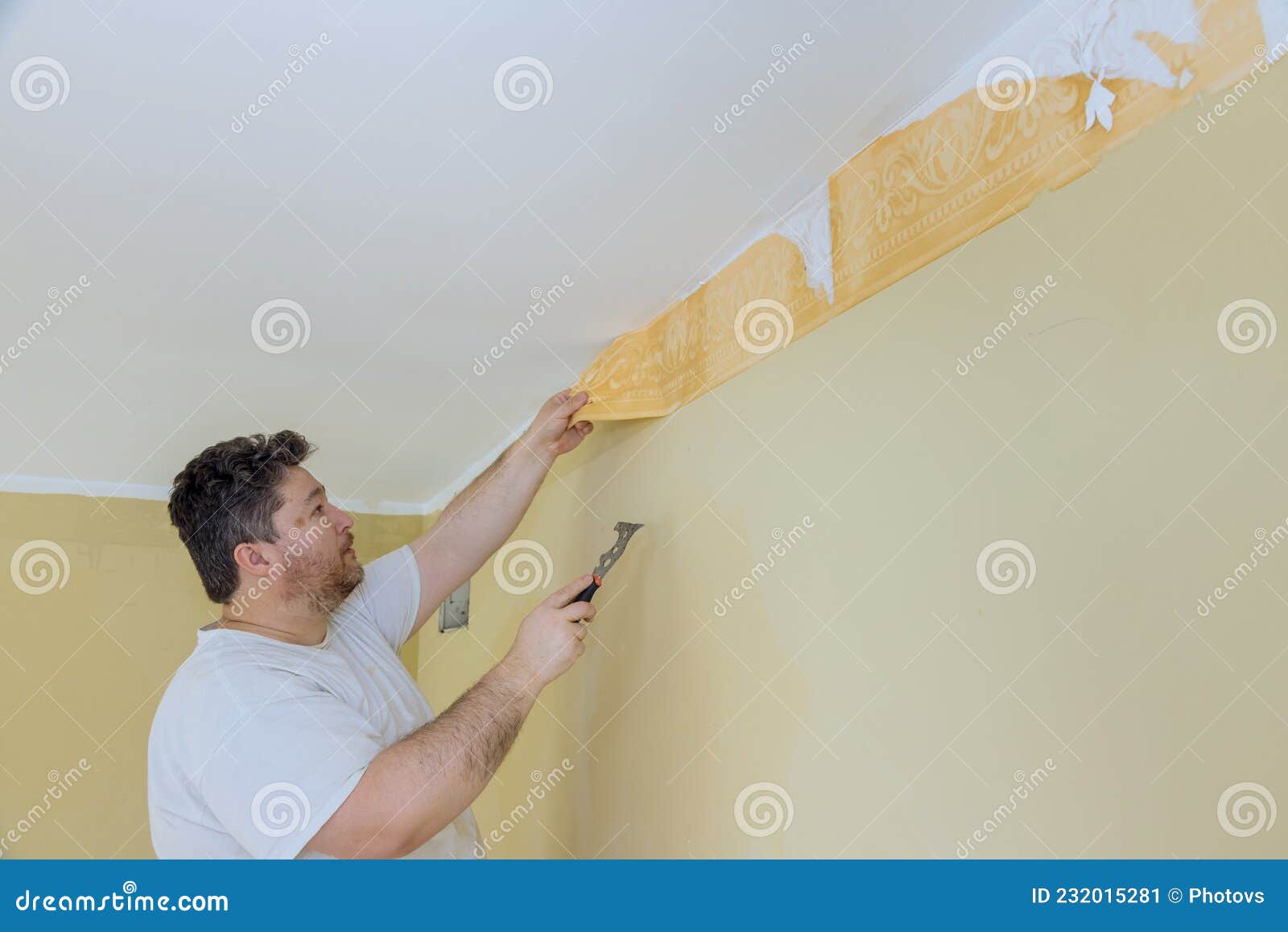Manual Work with Scraper Preparation for Painting a Room Worker Hand ...