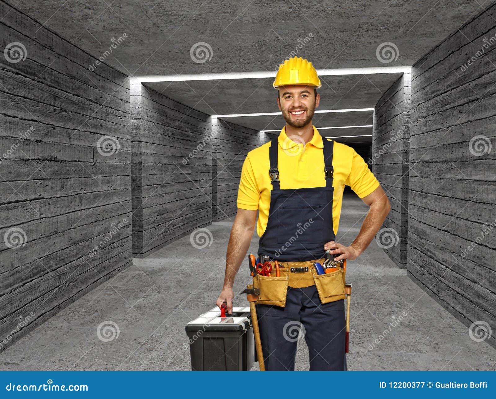 Manual Worker in Concrete Tunnel Background Stock Image - Image of ...