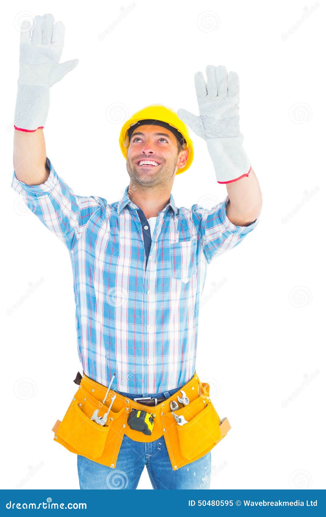 Manual Worker Raising Hands while Looking Up Stock Image - Image of ...
