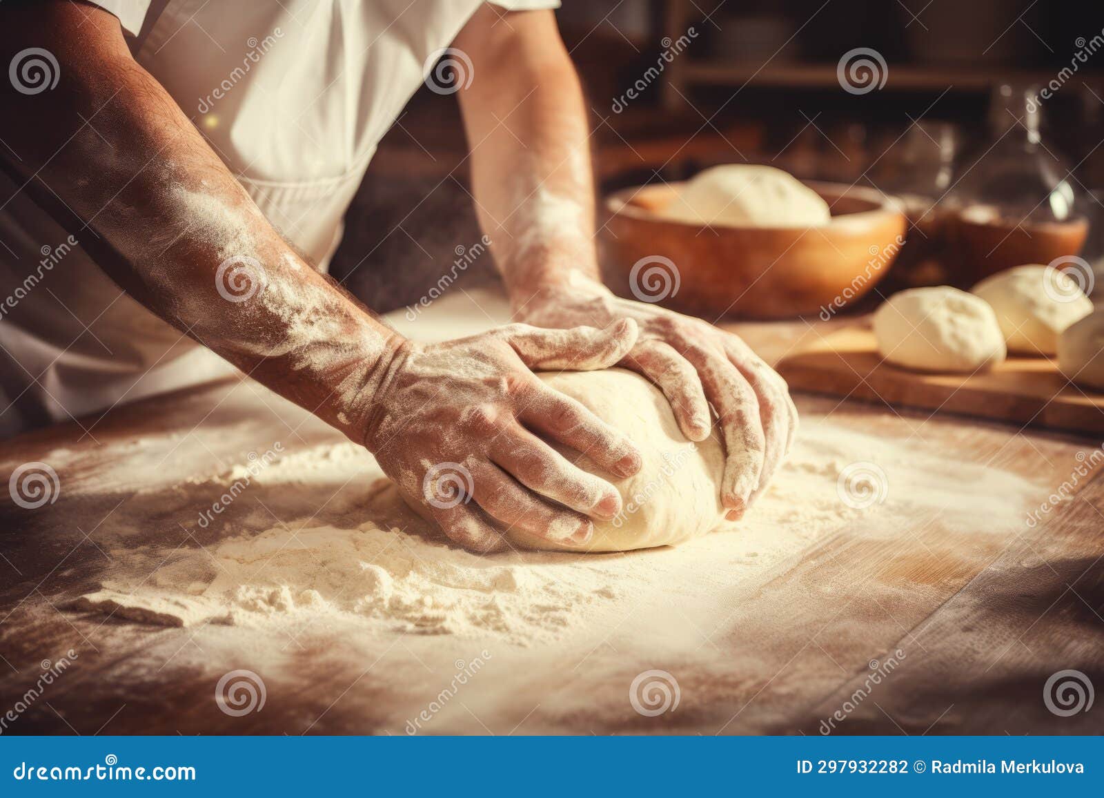 Manually Rolling Out Dough for Bread on a Tabletop, Showcasing the ...