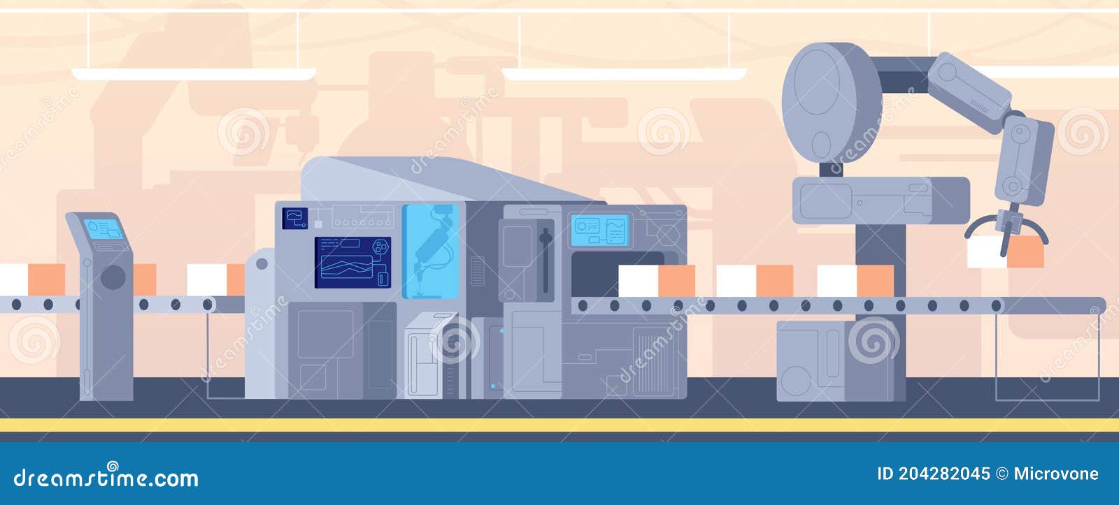 Smart Automated Warehouse Or Storage On Factory. Robotic Arm Loading ...