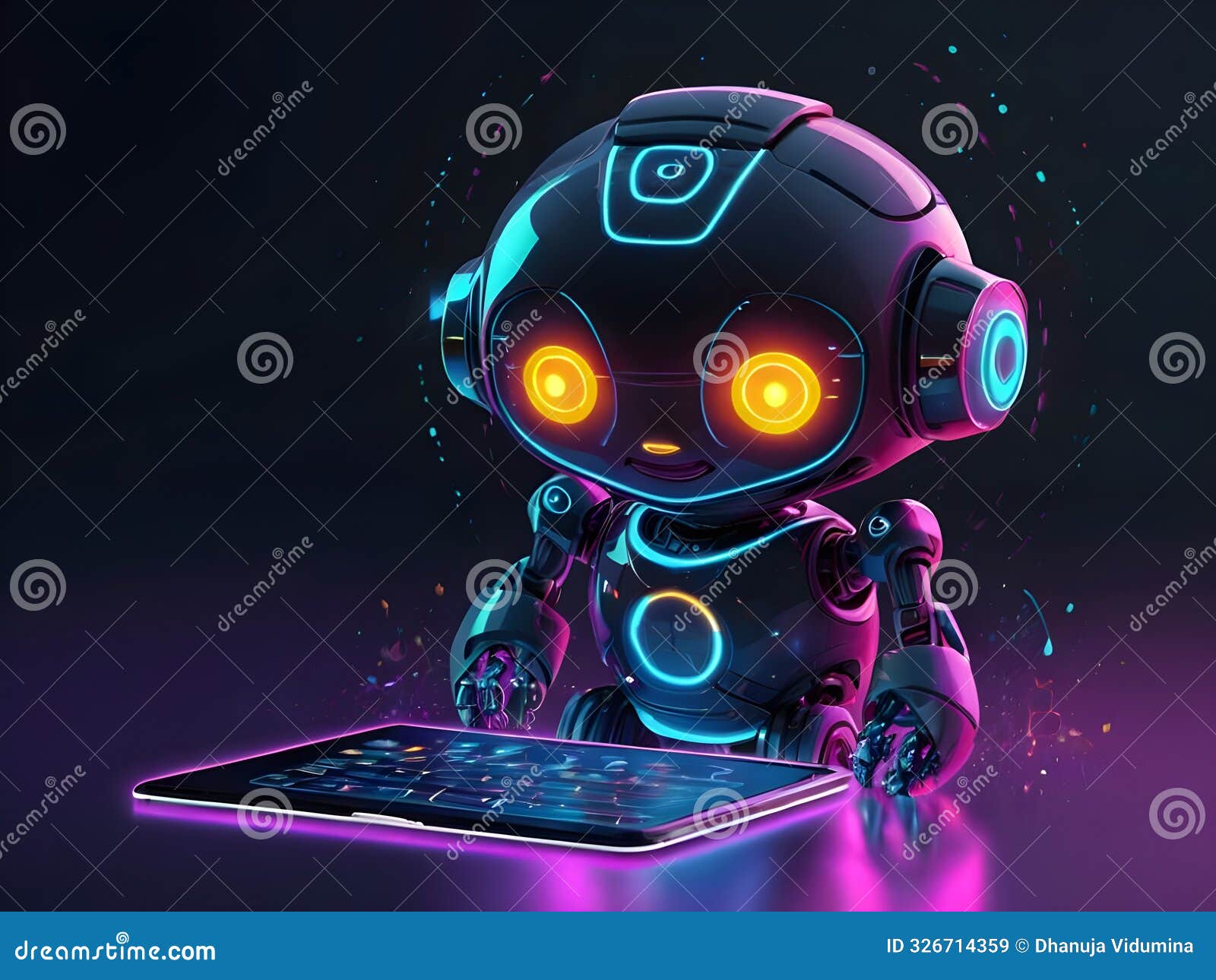 Cute Neon Cartoon Robot. AI Content Generator. Chatbot Technology Stock ...