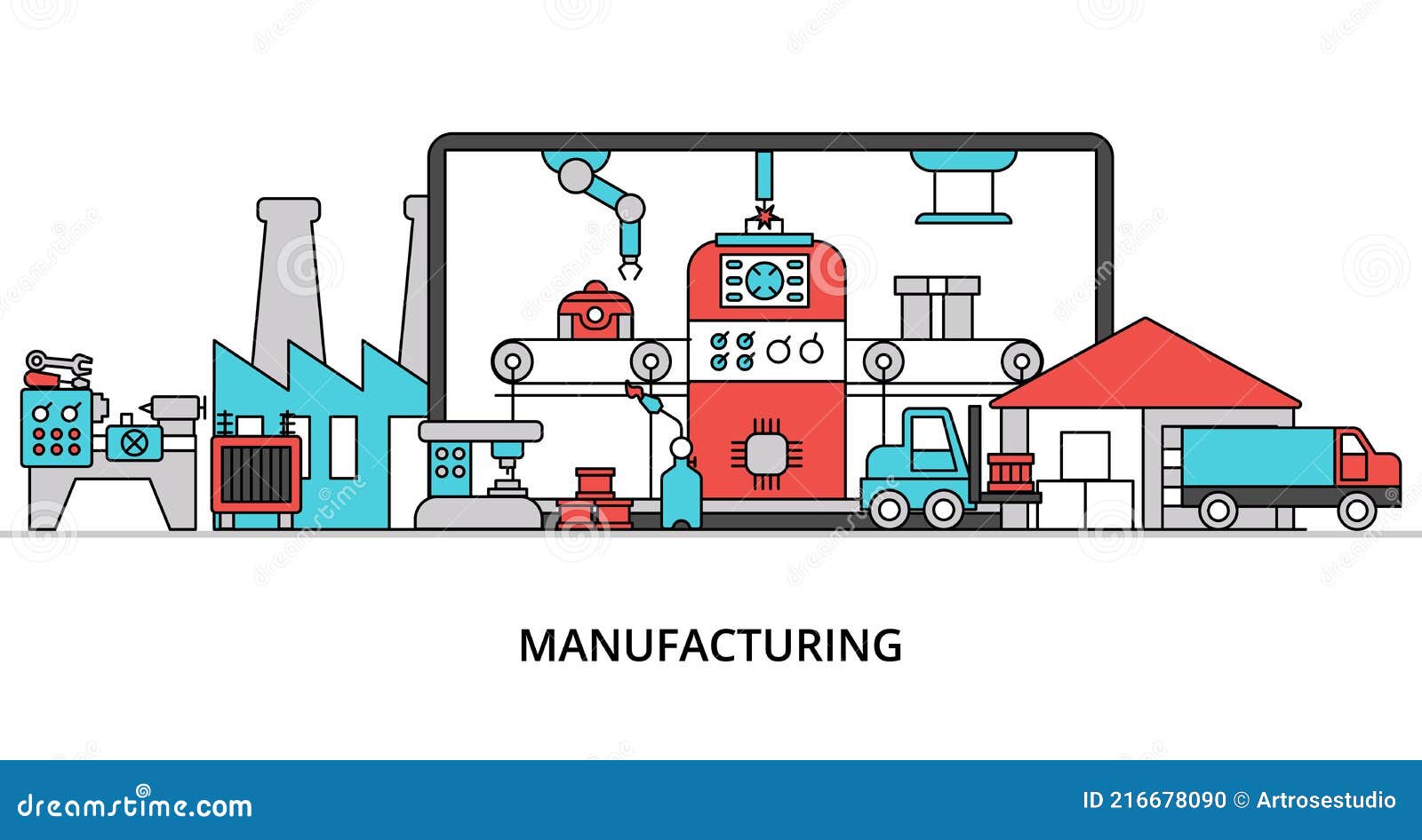 Manufacturing Concept, Flat Line Design Vector Illustration Stock ...