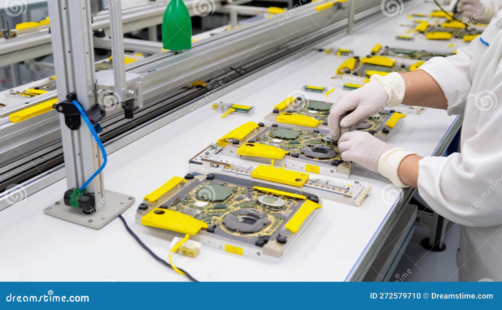 Manufacturing in a High-Tech Factory, Technician Assembling Communication Device, Generative AI ...