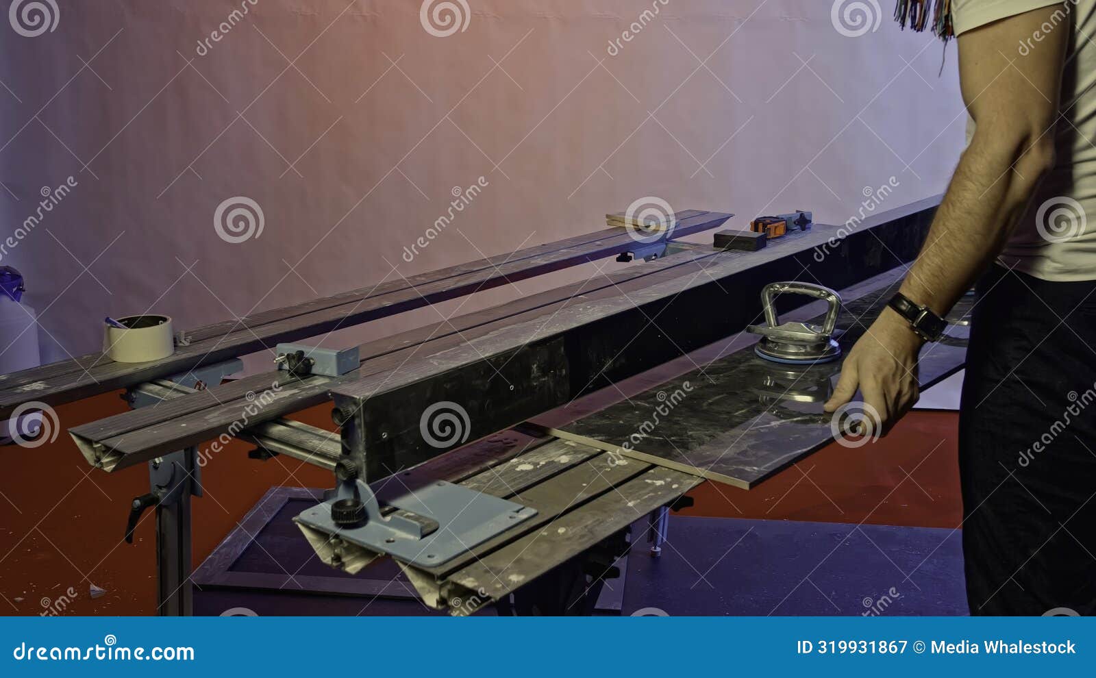 Manufacturing and Processing of Granite Slabs. Creative. Worker Using ...