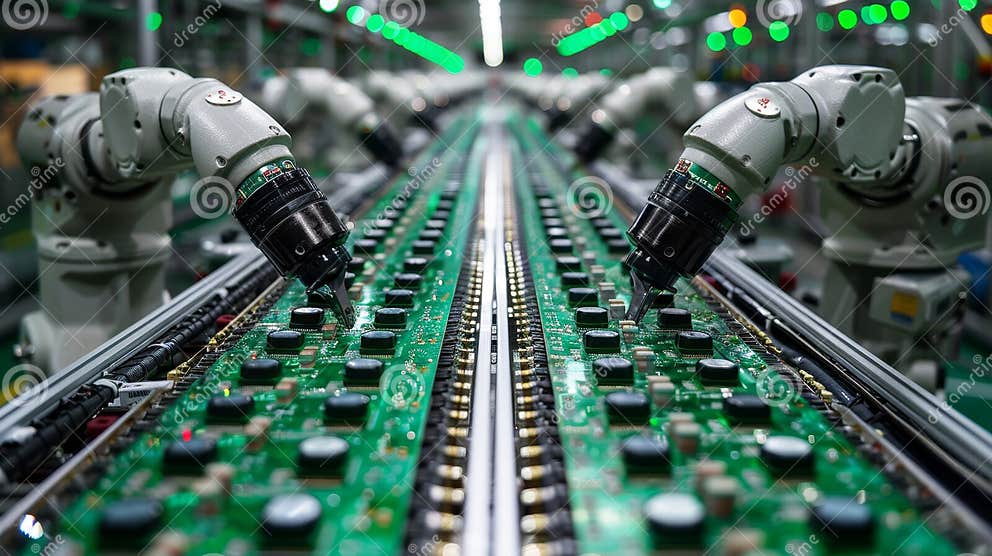 Manufacturing Robots Perform Precision Work To Produce Chips Stock ...