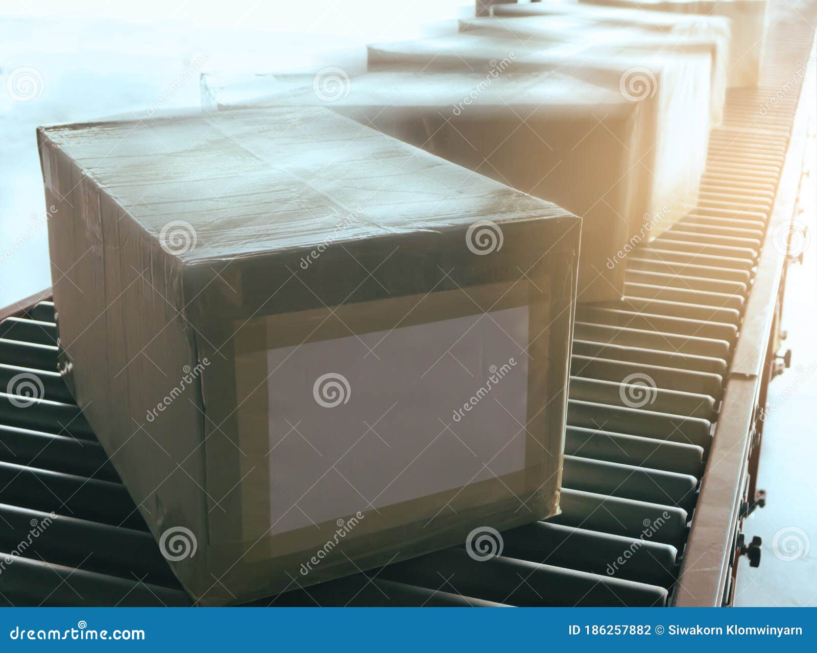 Manufacturing Warehouse Sorting with Shipment Boxes on Conveyor Belt ...