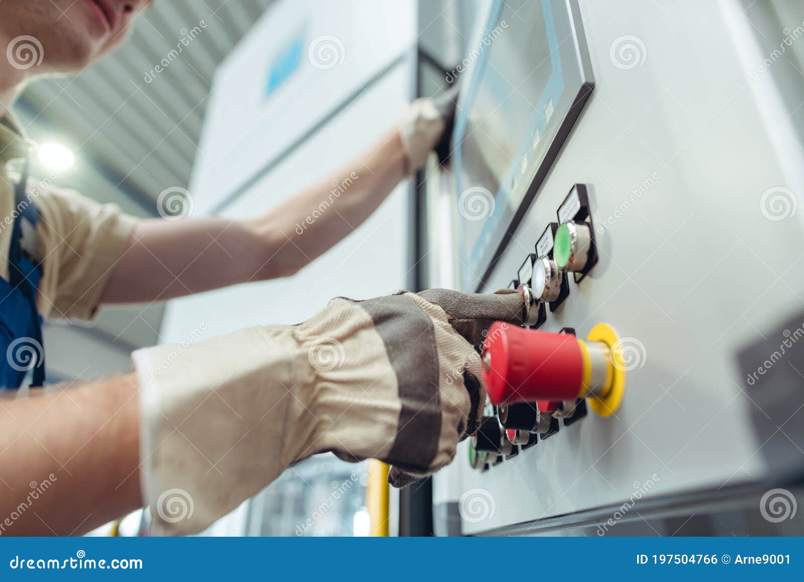 Worker Pressing Buttons On CNC Machine Control Board In Factory ...