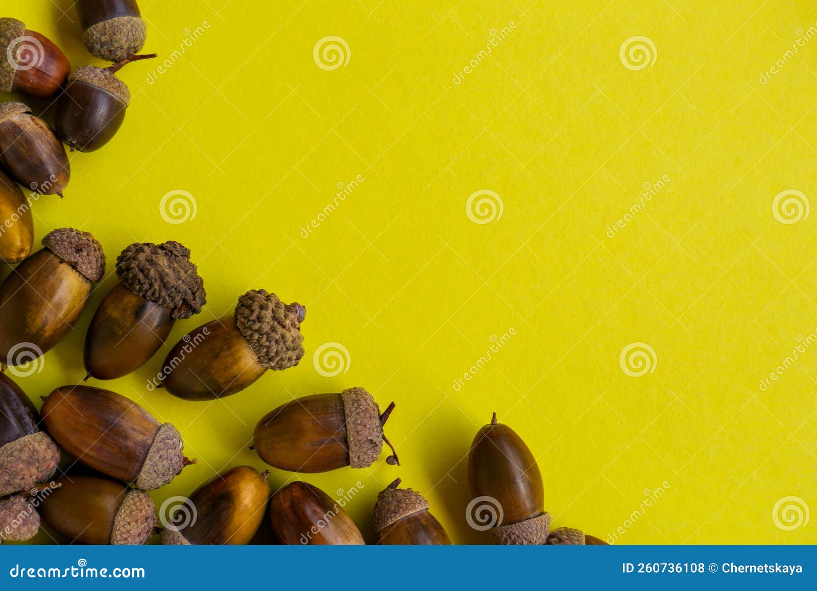 Many Acorns on Yellow Background, Top View. Space for Text Stock Photo ...