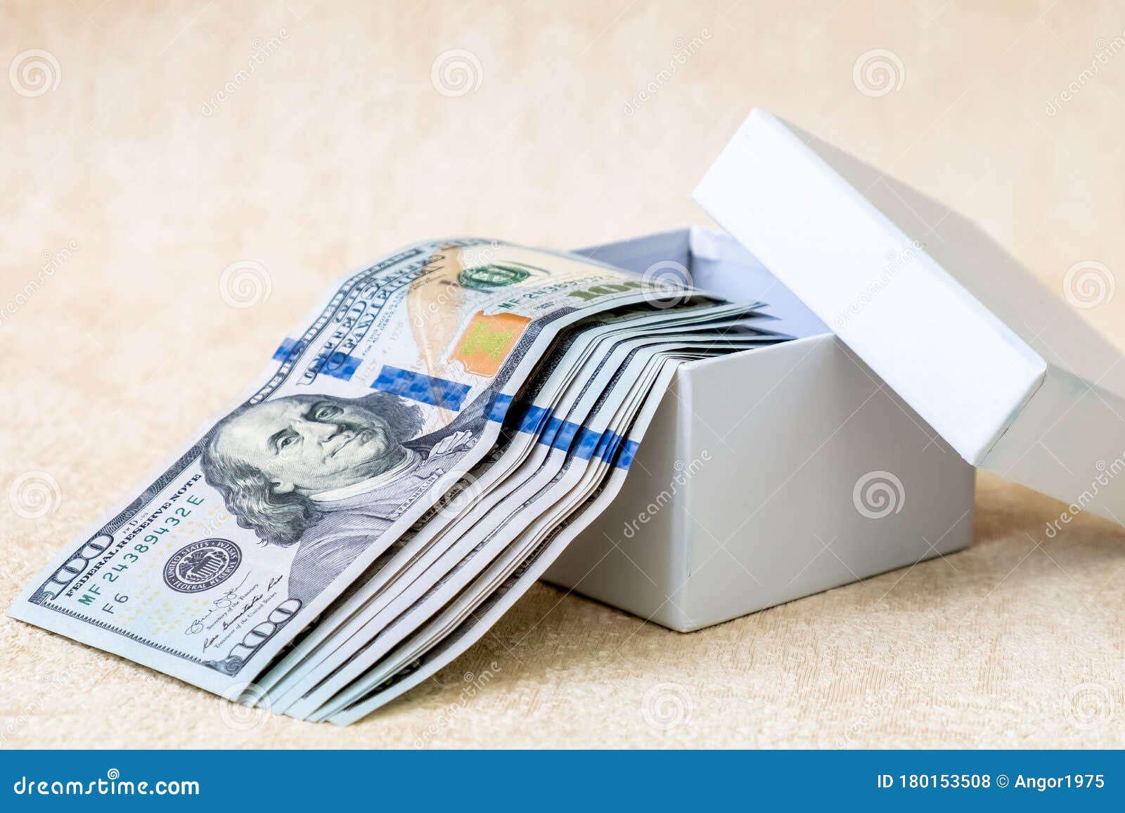 Many American Dollar Banknotes of 100 Dollars in White Gift Box. Stock ...