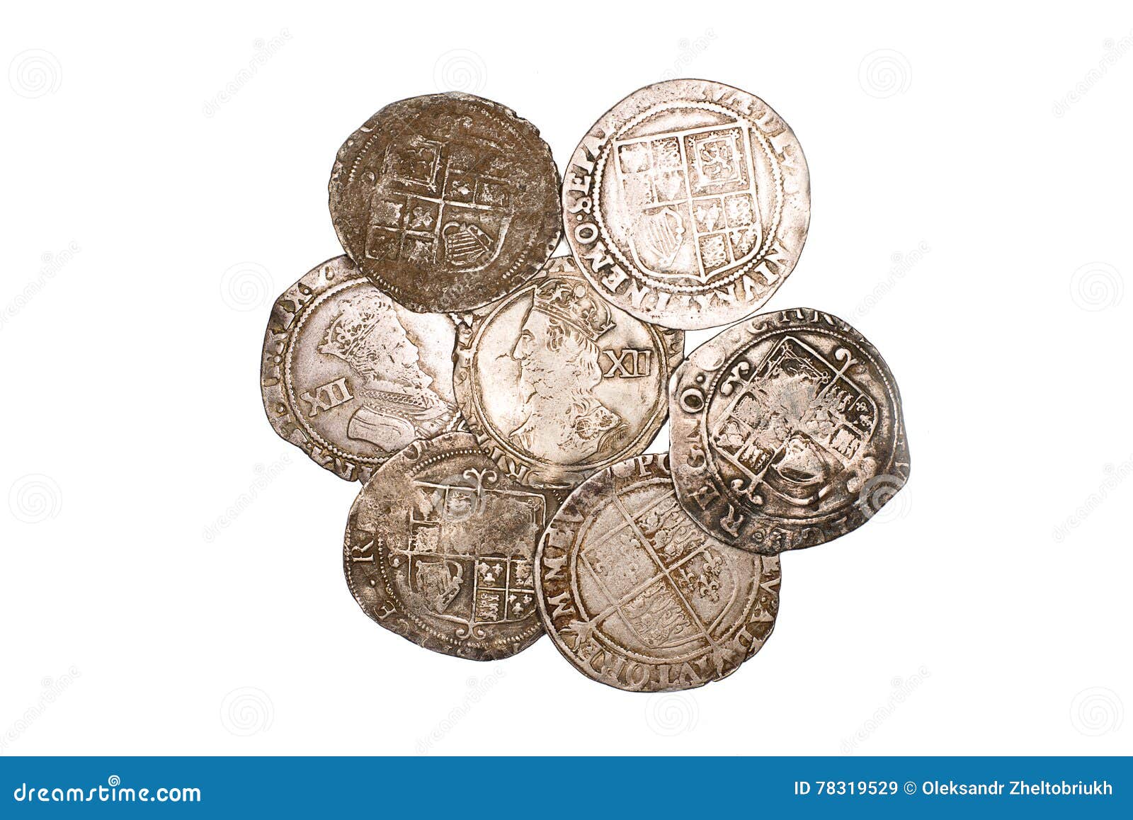 Many Ancient Silver Coins on Over White Stock Image - Image of silver ...