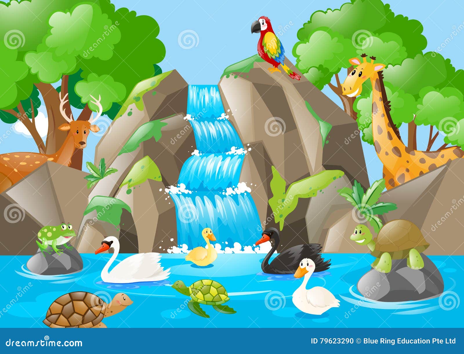 Many Animals in the Waterfall Stock Vector - Illustration of outdoor ...