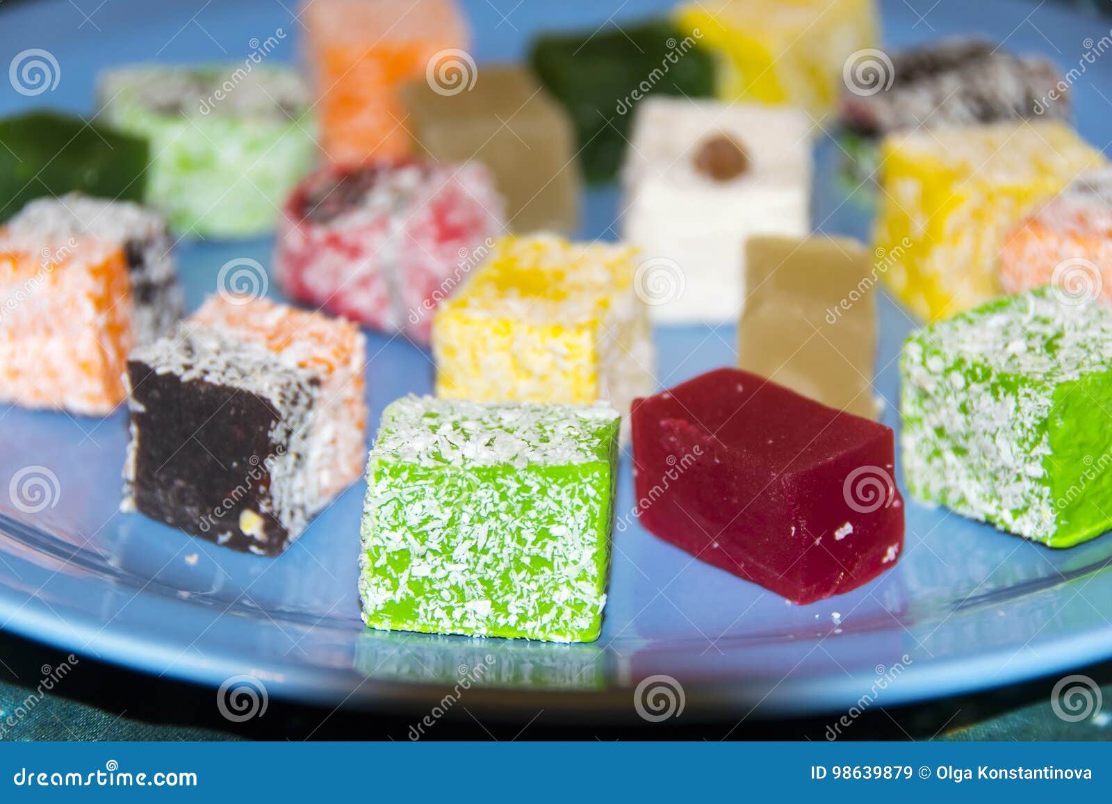 Many Assorted Multicolored Turkish Delight on Blue Background Stock ...