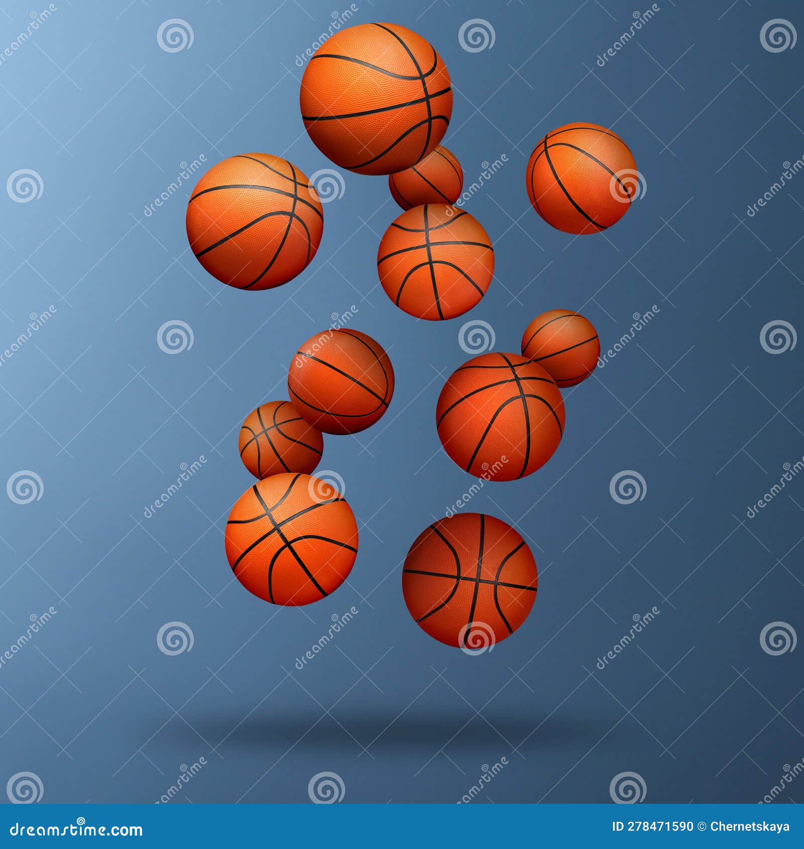 Many Basketball Balls Falling on Steel Blue Gradient Background Stock ...