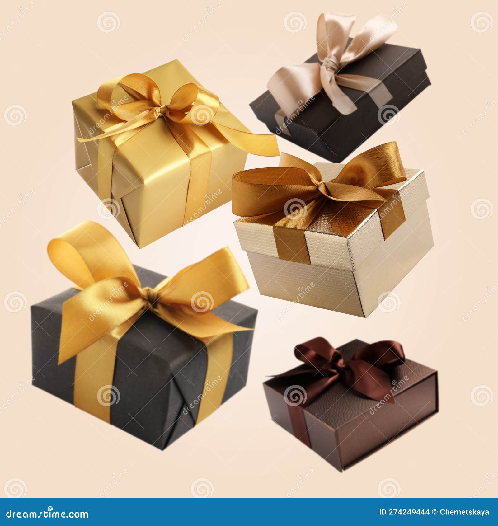 Many Beautiful Gift Boxes Falling on Beige Background Stock Photo ...