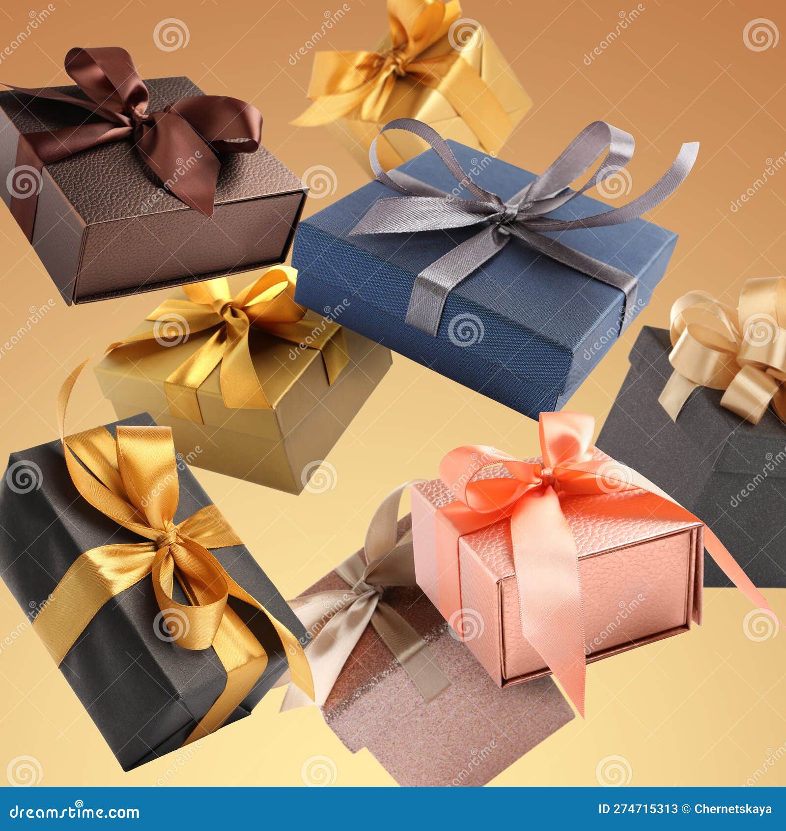 Many Beautiful Gift Boxes Falling on Pale Orange and Yellow Gradient ...