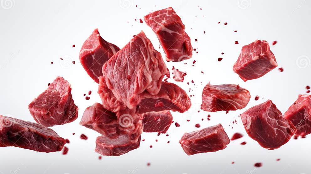 Many Beef Meat Falling in Water with Splashes. Stock Image - Image of ...