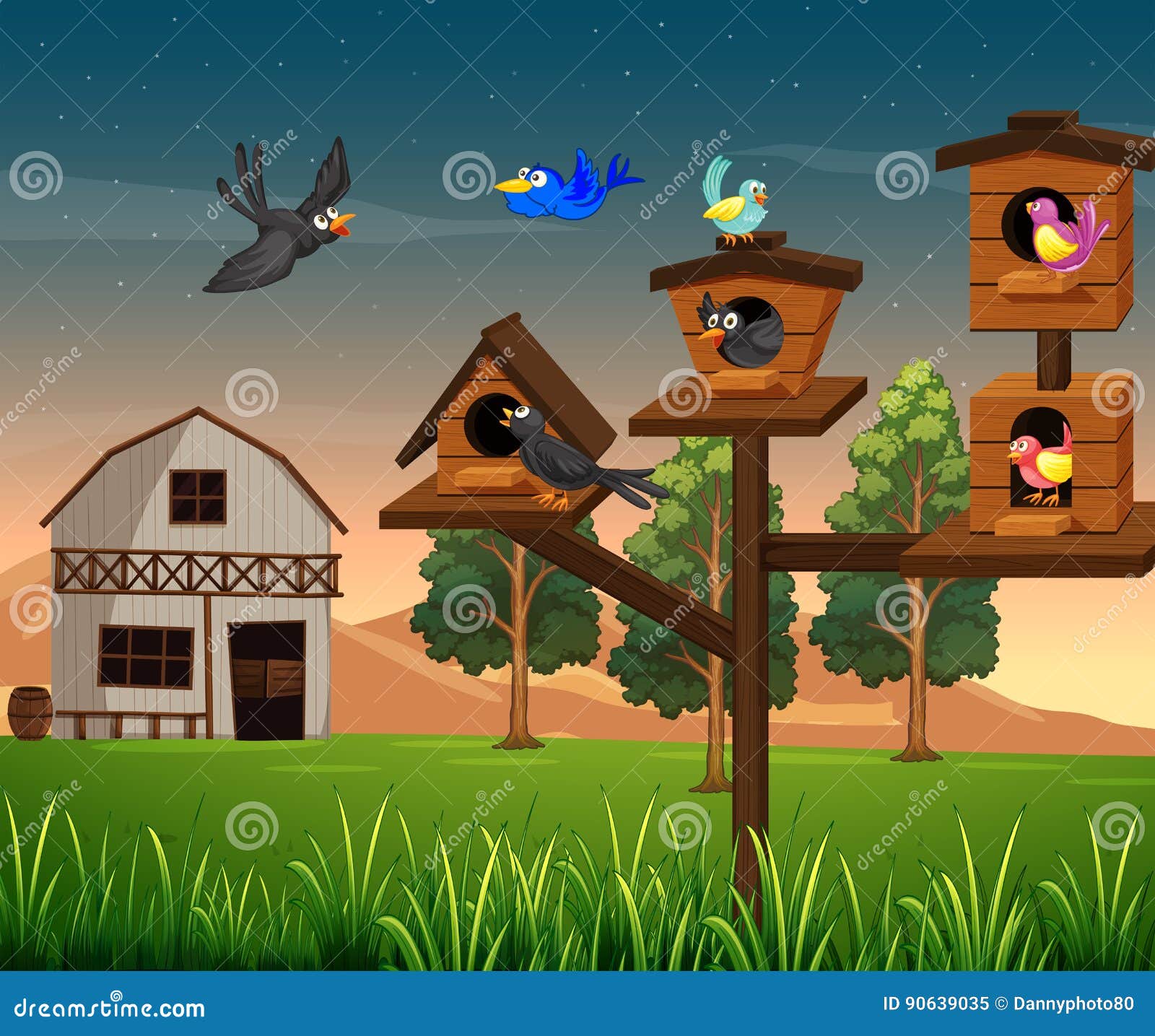 Many Birds in Birdhouse on the Farm Stock Vector - Illustration of ...