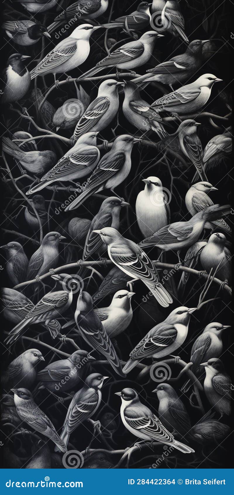 Many Birds on a Tree. Black and White Drawing Stock Illustration ...