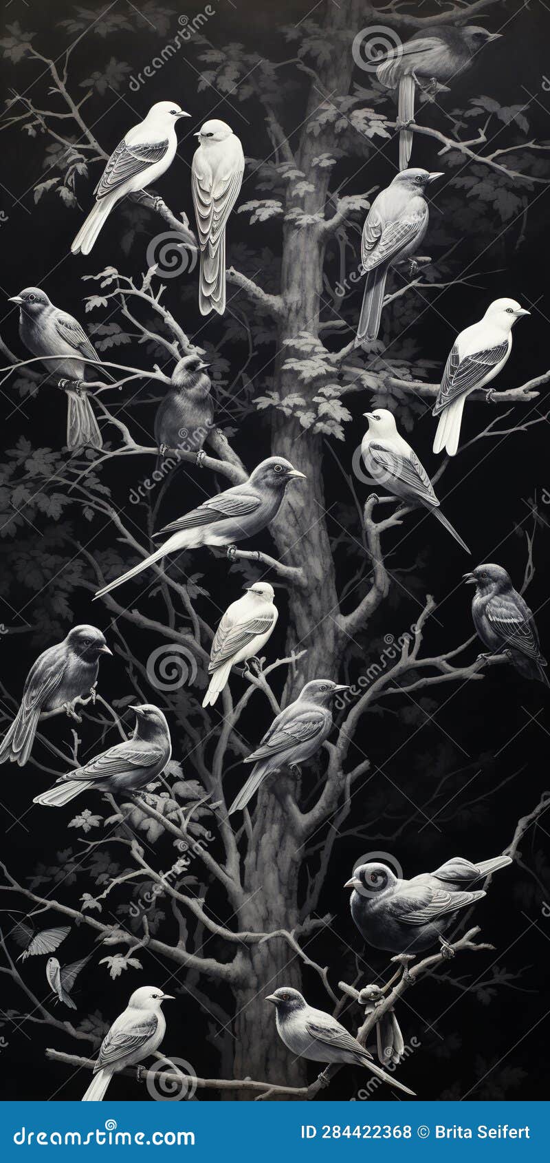 Many Birds on a Tree. Black and White Drawing Stock Illustration ...