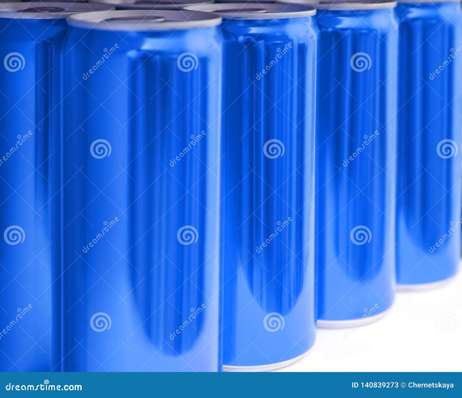Many Blank Metal Blue Cans on Table, Closeup. Stock Image - Image of ...